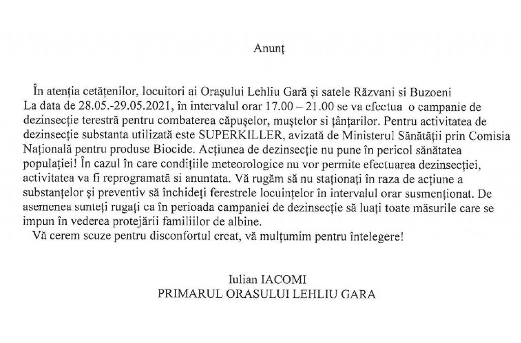 ANUNT DEZINSECTIE – Primăria Orașului Lehliu Gară